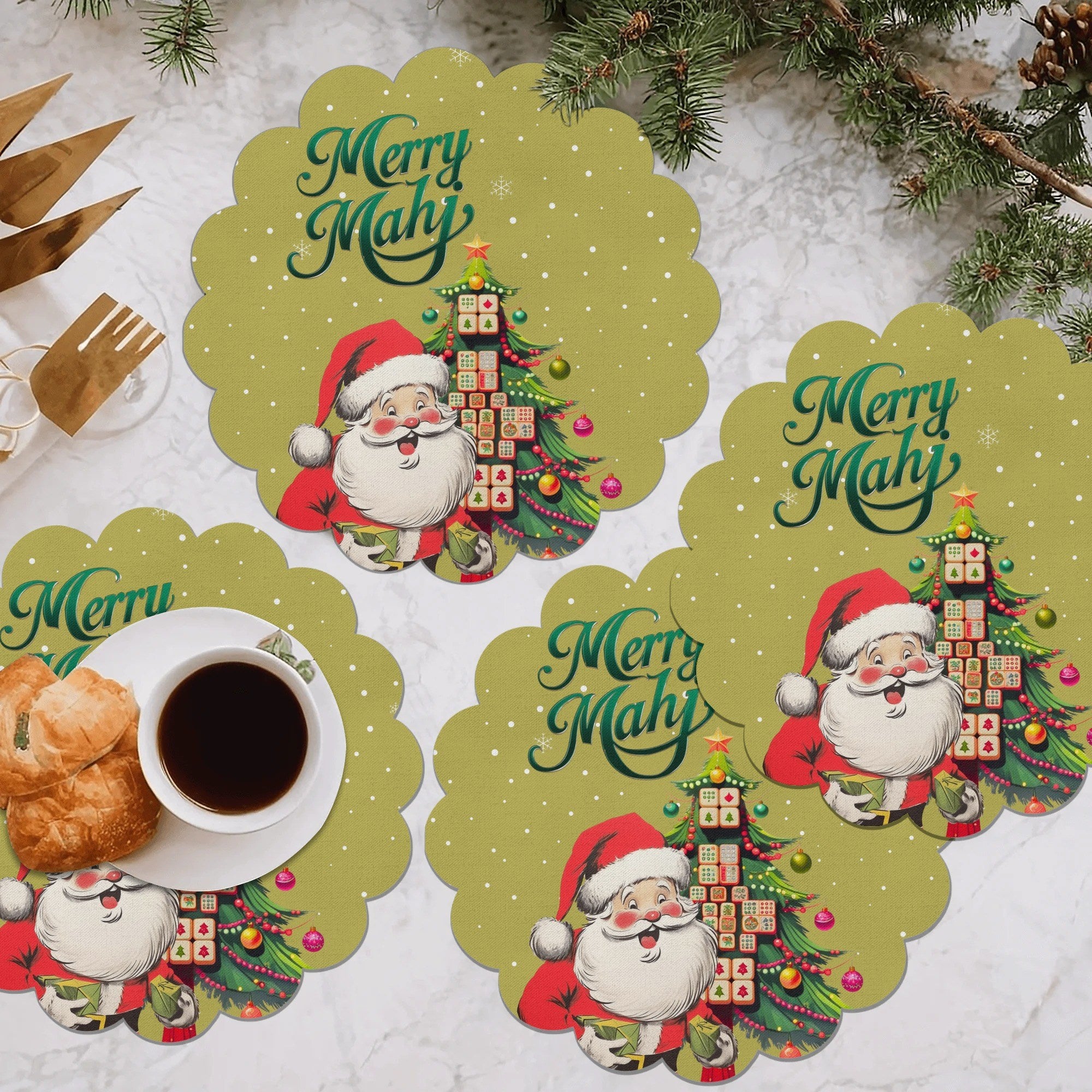 Mahjong Christmas Jolly Santa Merry Mahj Tile Tree Placemats - Splash ...