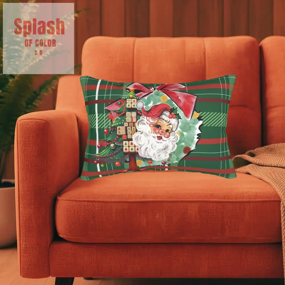 Mahjong Christmas Vintage Santa Plaid Lumbar Pillow - Splash of Color Co.