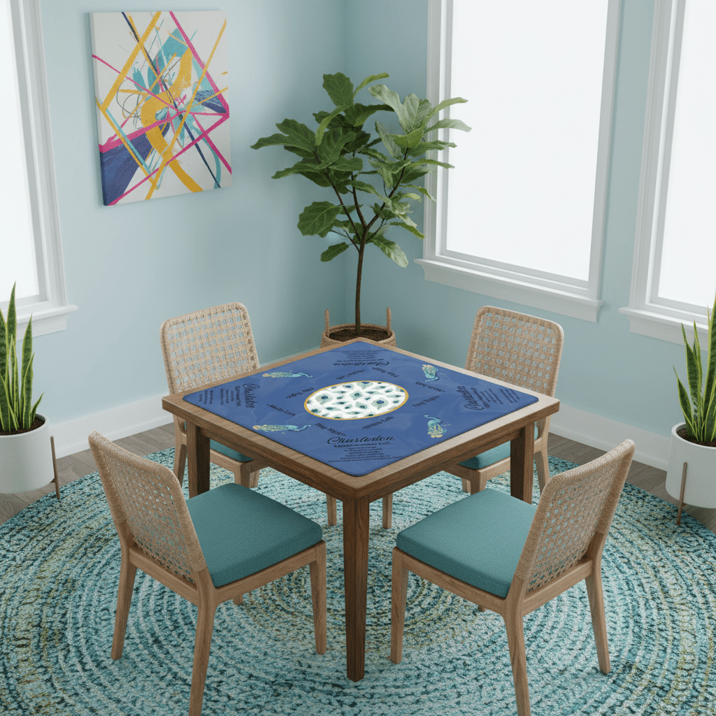 Marble Blue Mahjong Mat, Elegant Peacock Floral Instructional Mahj Game ...