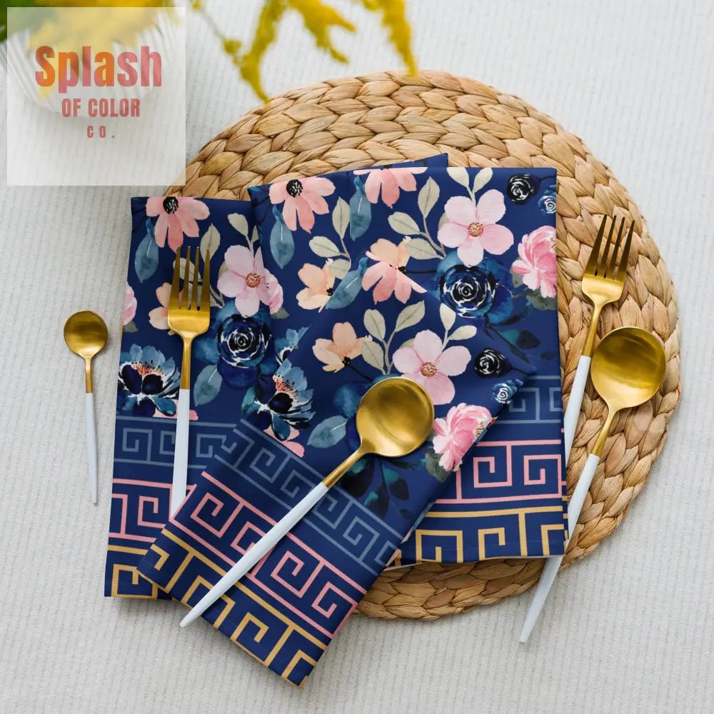 Royal Blue Floral Heritage Greek Key Designed Dinner Napkins - Splash ...